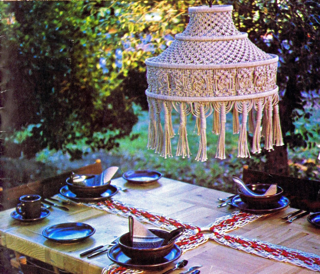 Vintage Macrame Pattern Tiffany Style Hanging Lamp 1970's Home Decor ...