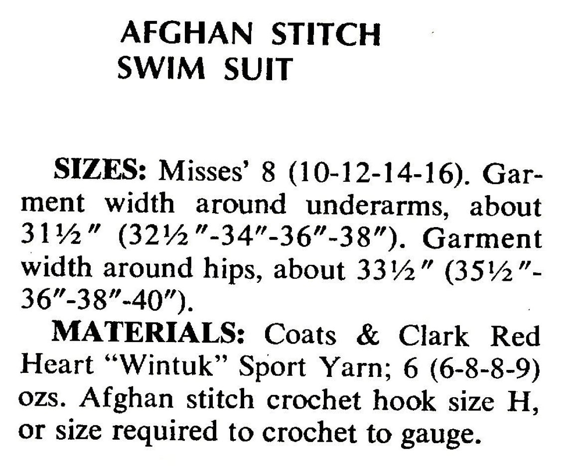 Afghan Stitch Crochet Bathing/swim Suit Tunisian Stitch Pattern Vintage ...