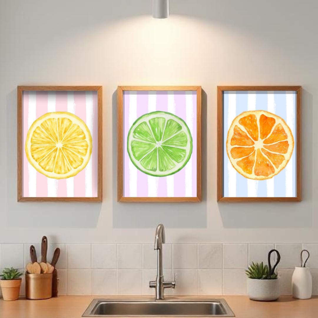 SET OF 3 Fruit Wall Decor | Kitchen Wall Prints | Farmhouse Kitchen Art ...