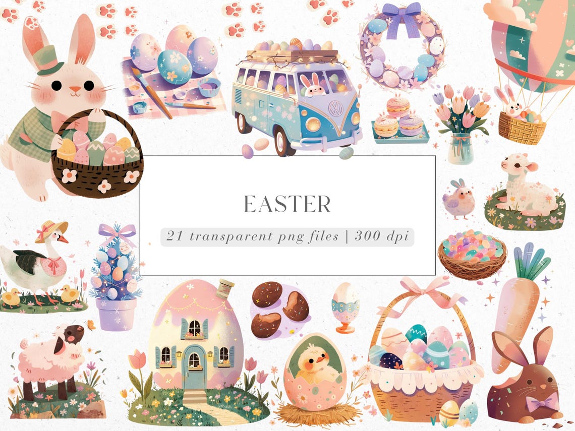 Cute Easter Clipart Set, Bunny, Eggs, PNG Files (digital File) - Etsy
