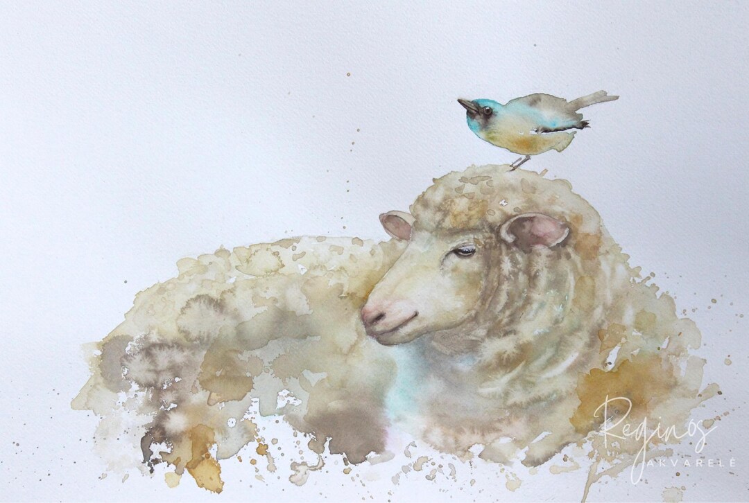 Original Watercolor Painting sheep With Bird, Nature-inspired Home ...