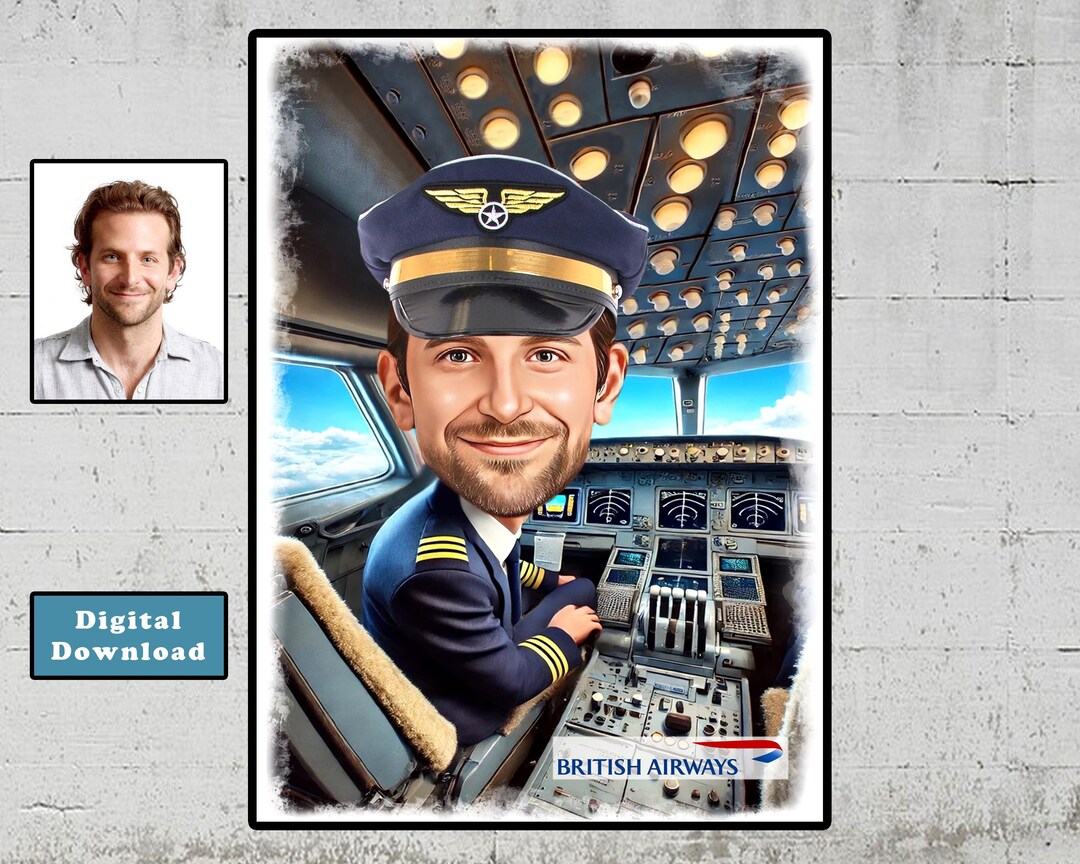 Caricature Pilot Portrait, Custom Commercial Airline Pilot Drawing ...