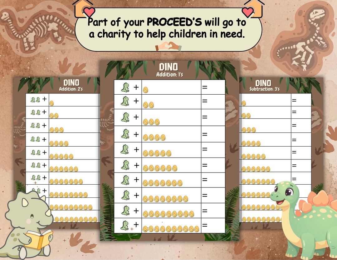 Dino Printable Math Addition and Subtraction 1-10, Sum 20. Kindergarten ...