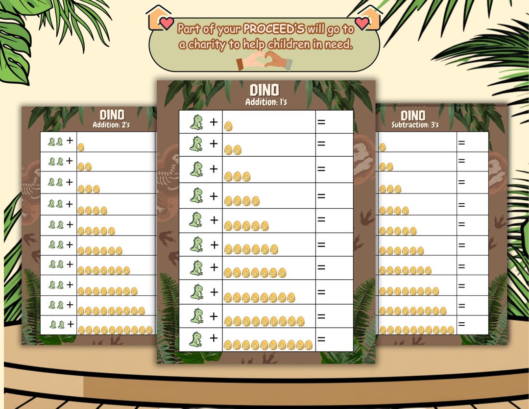 Dino Printable Math Addition and Subtraction 1-10, Sum 20. Kindergarten ...