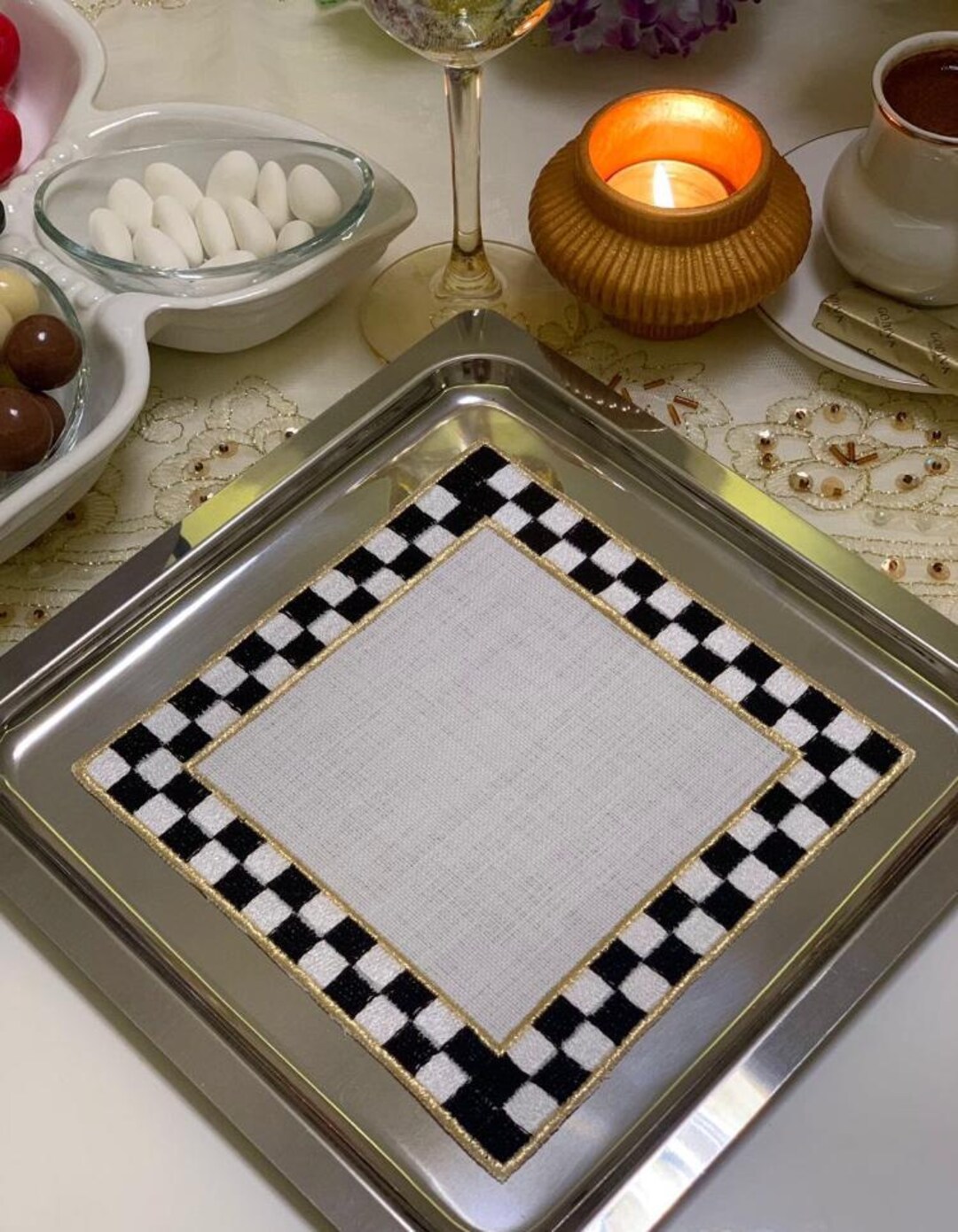 Checkered Napkins, Large Checkered Linen Cocktail Napkins, Checkered ...