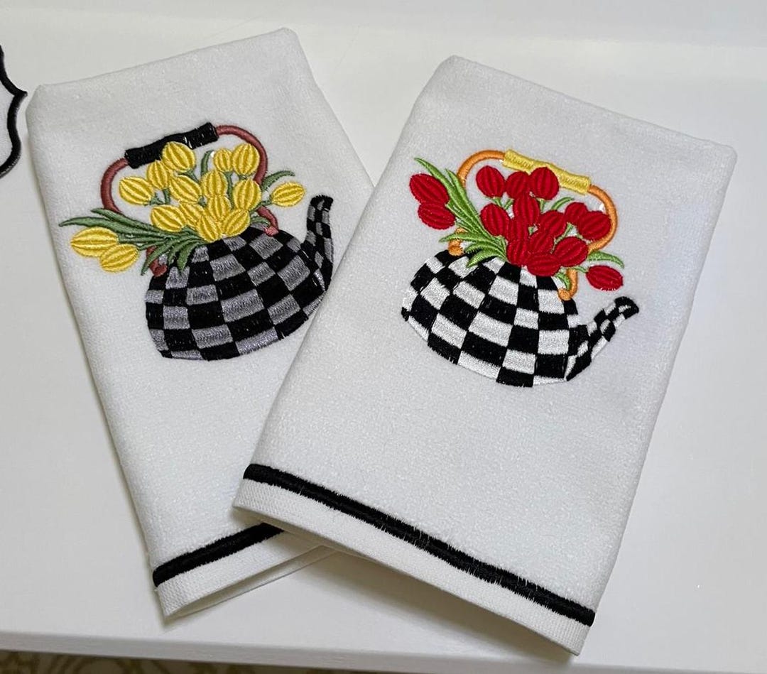 Embroidered Cotton Towel Set: Checkered Teapot, Floral Turkish Towels ...