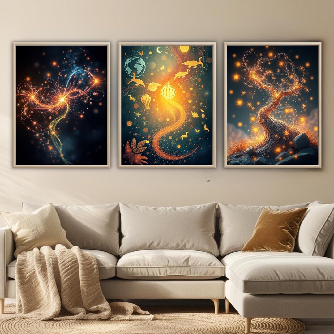 Set of 3 Celestial Energy Burst Arts, Cosmic Light Abstract Arts ...