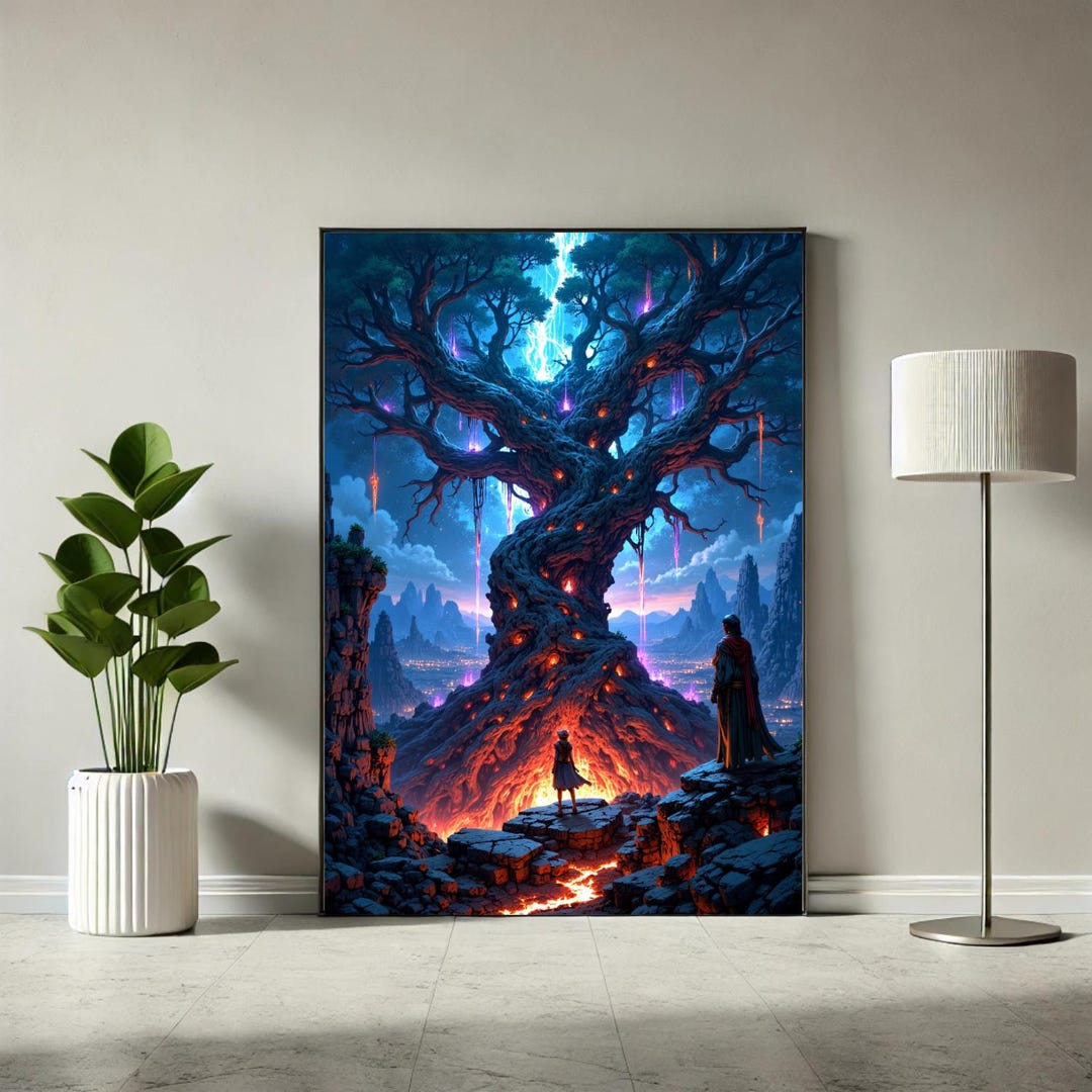Celestial World Tree Fantasy Wall Art, Magical Lightning Tree Digital ...