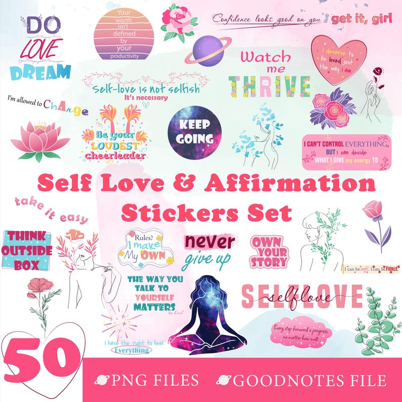 50 Self Love Affirmation Stickers: Positive Journal PNG (digital ...