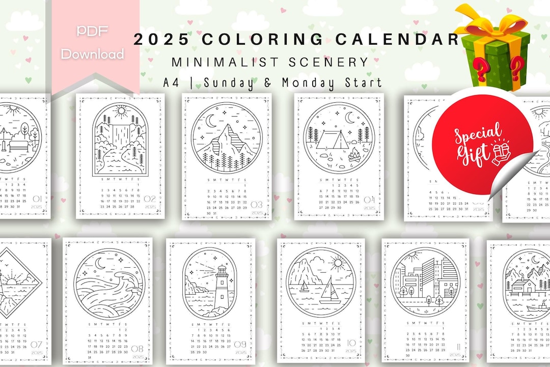 2025 Coloring Calendar: Minimalist Scenery, Printable Coloring Calendar ...