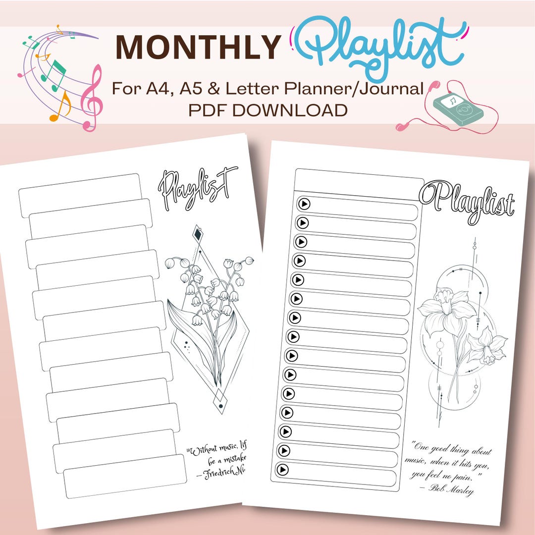 Playlist Journal Page Printable Journal Page Song Tracker A4 A5 & US ...