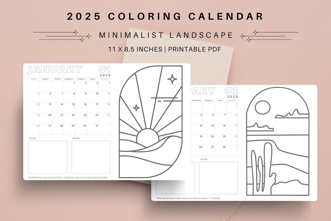 2025 Coloring Calendar: Minimalist Landscape, Printable Coloring ...