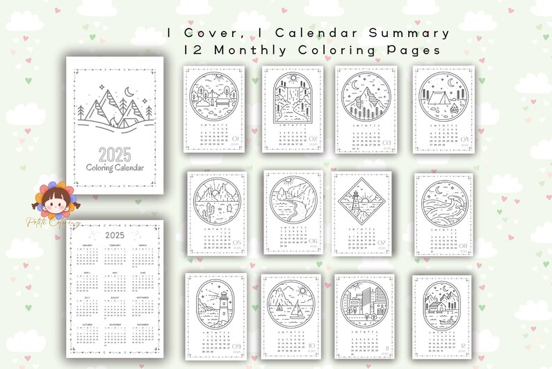 2025 Coloring Calendar: Minimalist Scenery, Printable Coloring Calendar ...