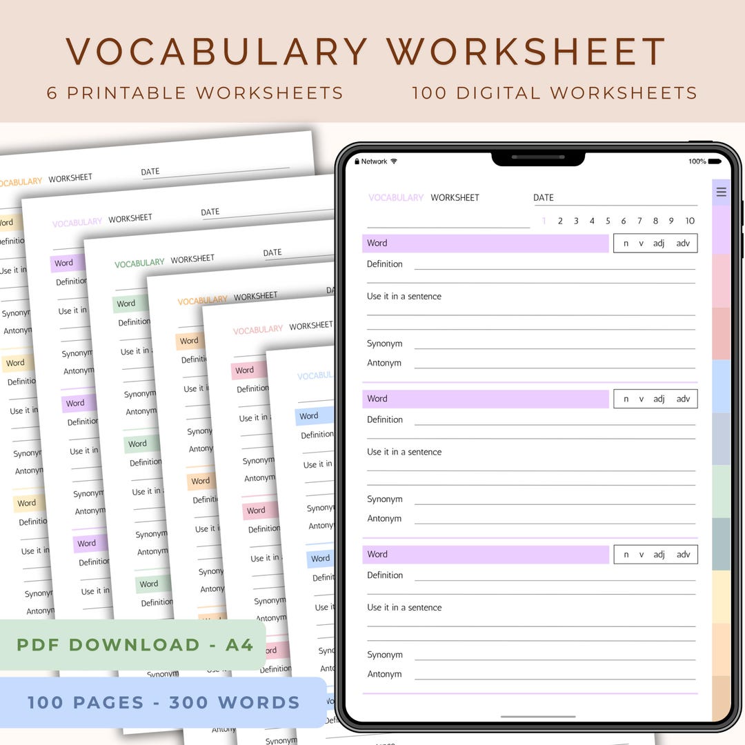 Vocabulary Worksheets Printable Digital Vocabulary Notebook Digital ...