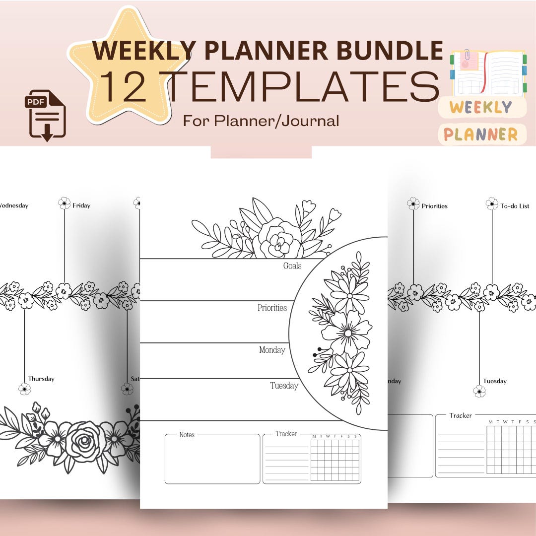 12 Printable Coloring Weekly Planner Inserts for A4, A5 and US Letter ...