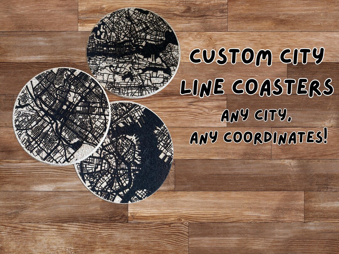 Custom City Map Coaster Sets | City Lines Engraved Cork Coaster ...