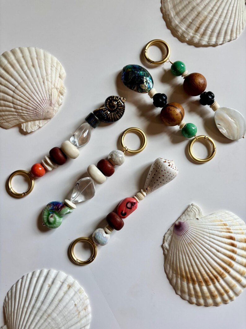 Coastal Beaded Bag Charms – Handcrafted Keychains With Shell, Ceramic ...
