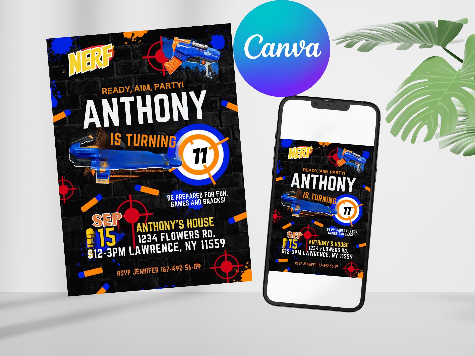 Kids Editable Nerf Birthday Invitation Template, Printable Birthday ...