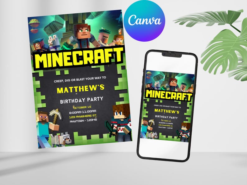 Editable Minecraft Birthday Invitation, Minecrafter Birthday ...