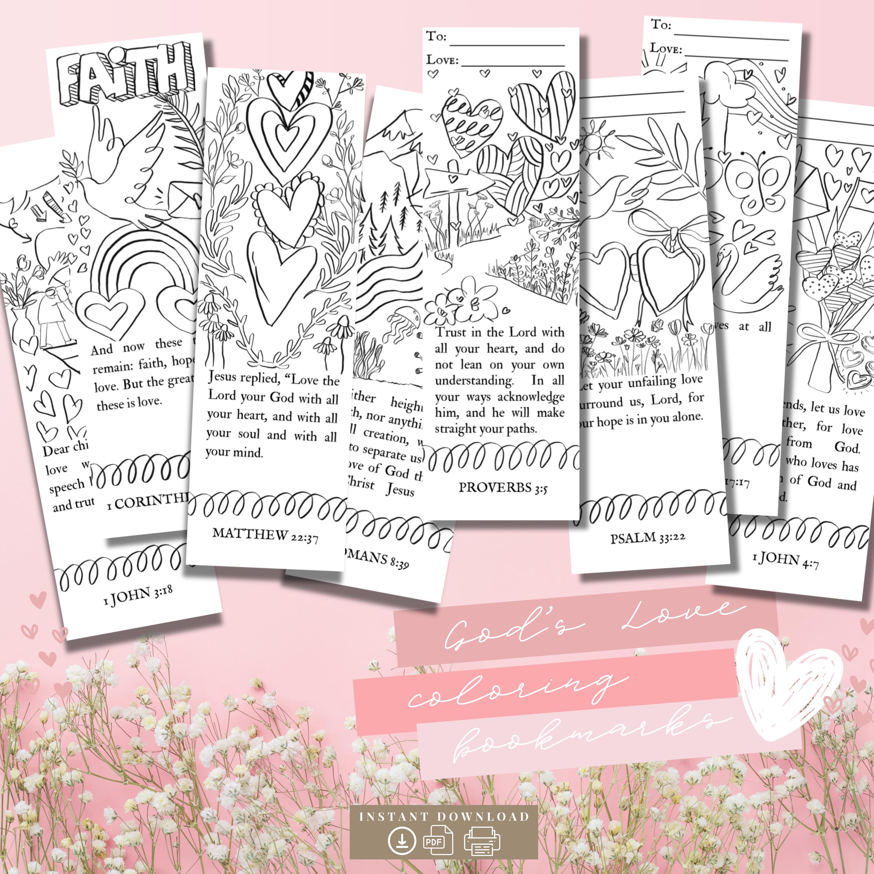 Printable Coloring Bible Verse Bookmarks for Christian Kids Valentine's ...