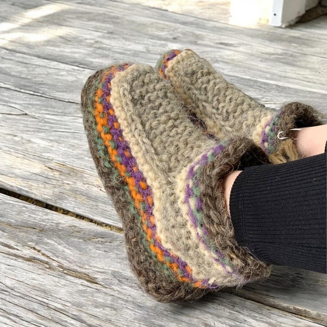 Wool Natural Slippers Natural Warm Room Slippers Hand-knit Wool ...