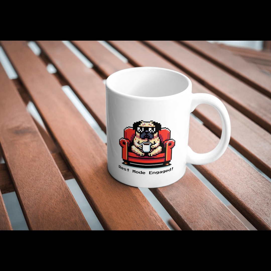 Pug Drinking Coffee Mug 8-bit Pixel Art Style 11oz White Ceramic Coffee ...