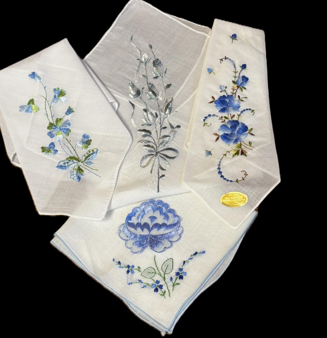 Vintage Pristine Lot of 4 1950's BLUE Embroidered Floral Hankies**#56 ...