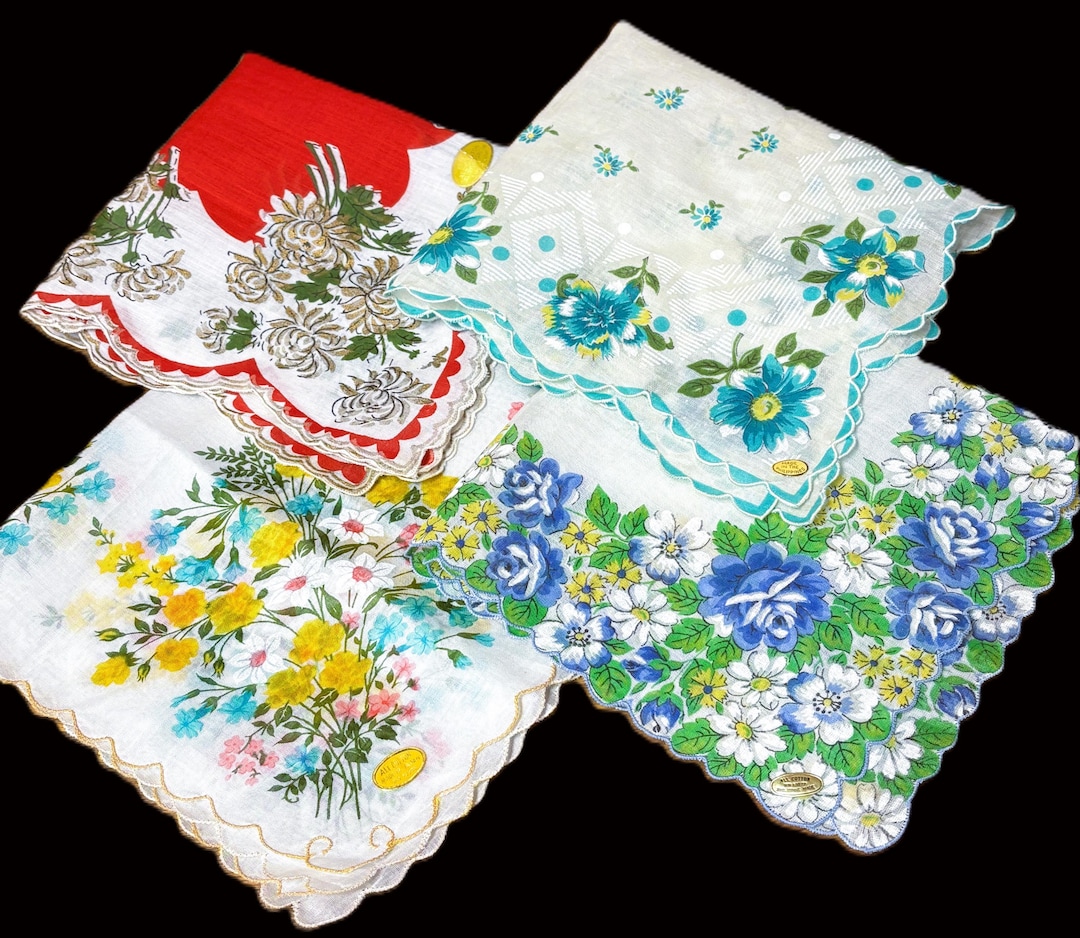 Vintage Floral Handkerchief: 1950s-60s Scalloped Cotton, New With Tags ...