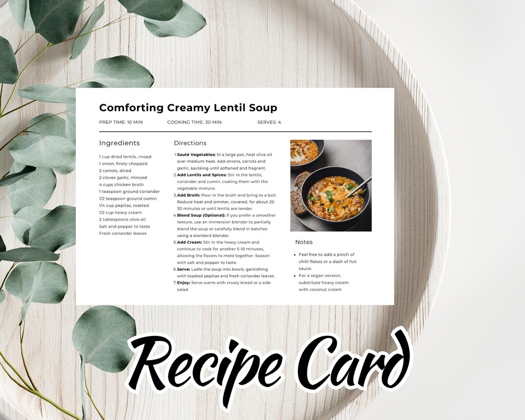 Elegant Classy Recipe Card, Printable Gourmet Design for Family Recipes ...