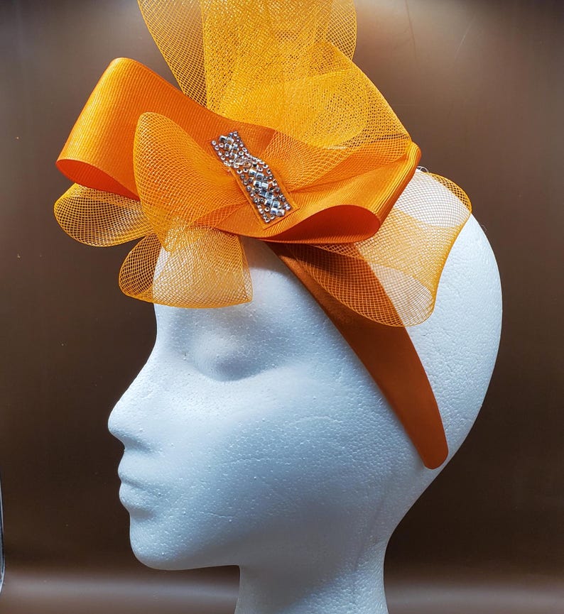 Fascinator/headband - Orange Fascinator With Rhinestones and Double ...