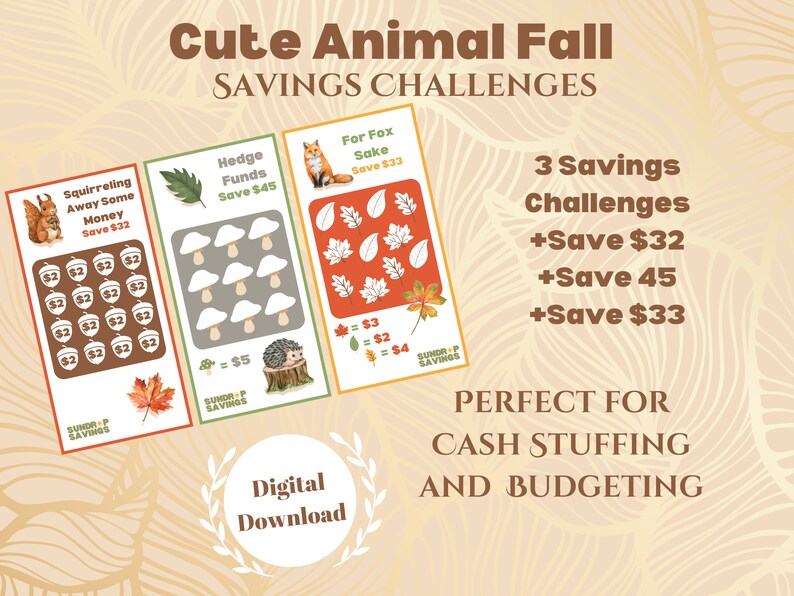 Fall Savings Challenge Tracker Printable Set Cash Stuffing Cute Animal ...