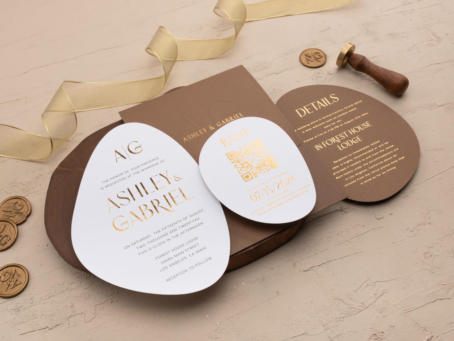 Gold Foil Oval Wedding Invitations Brown and Gold Custom Wedding ...