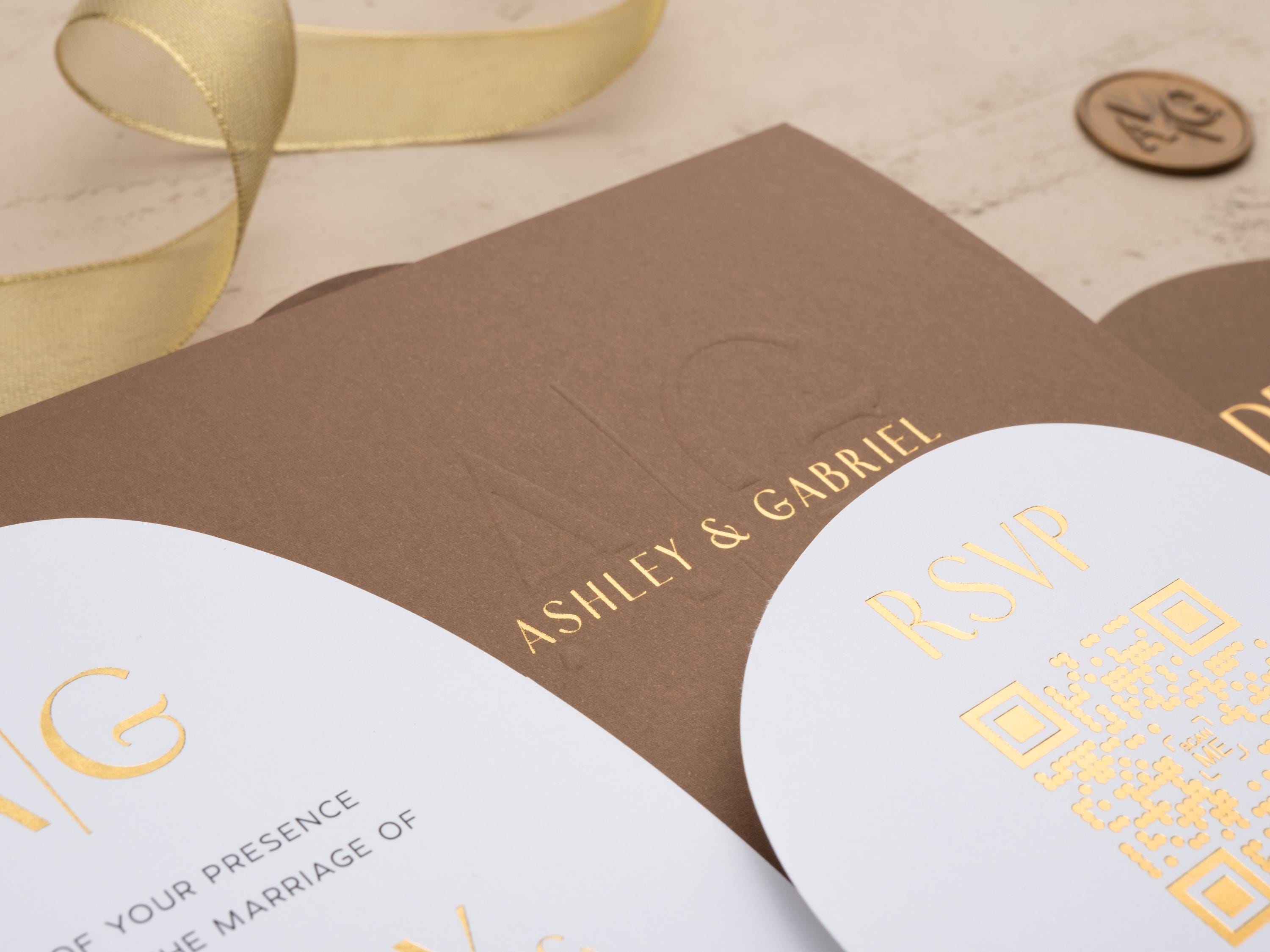 Gold Foil Oval Wedding Invitations Brown and Gold Custom Wedding Stationery Elegant & Minimalist ...