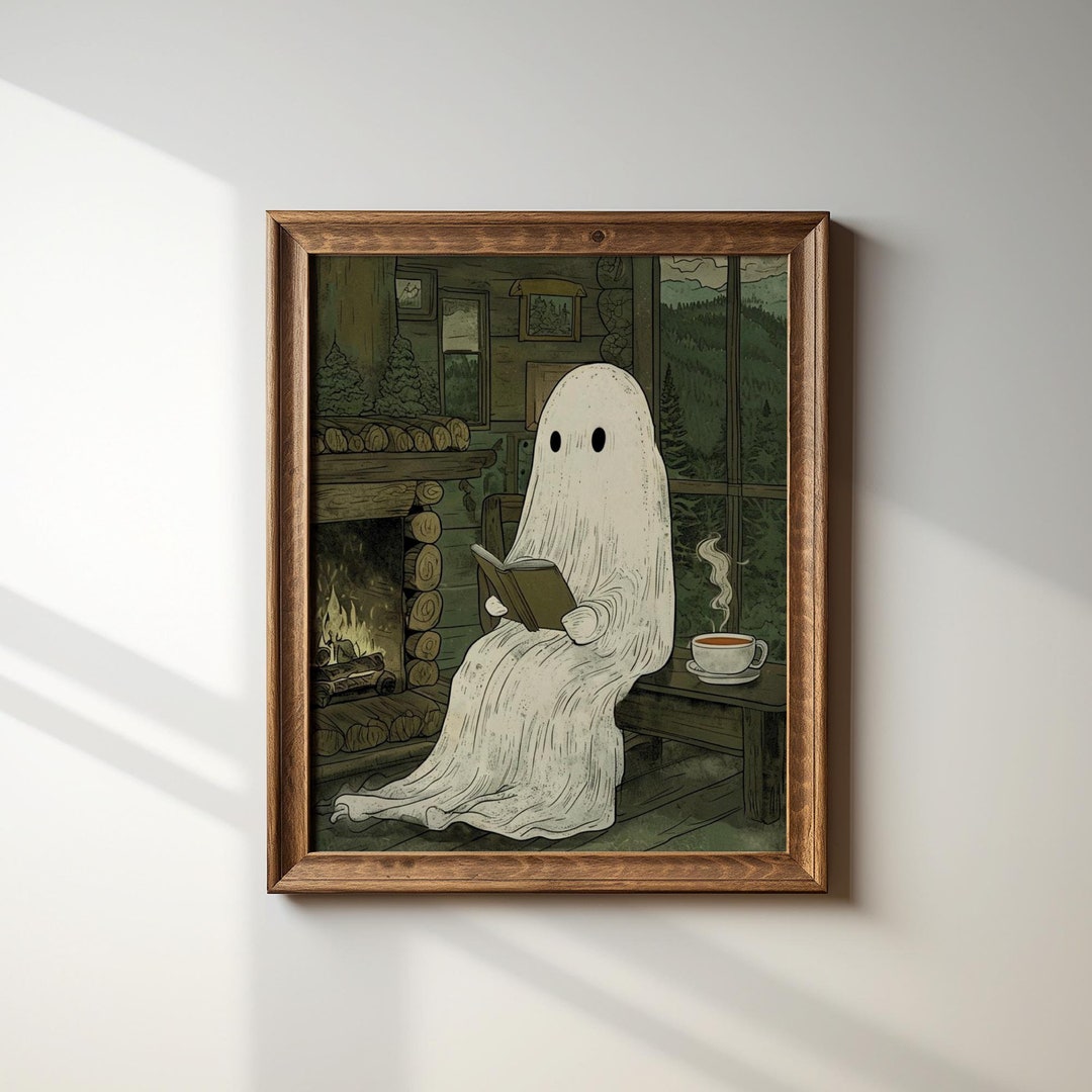 Cozy Cabin Ghost Library Wall Art, Book Wall Art, Bookish Gifts, Book ...