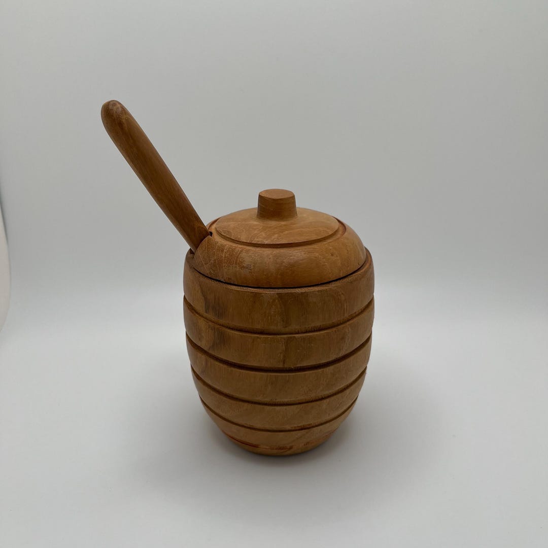 Vintage Carved Wood Honey Pot With Wooden Honey Dipper 5” - Etsy