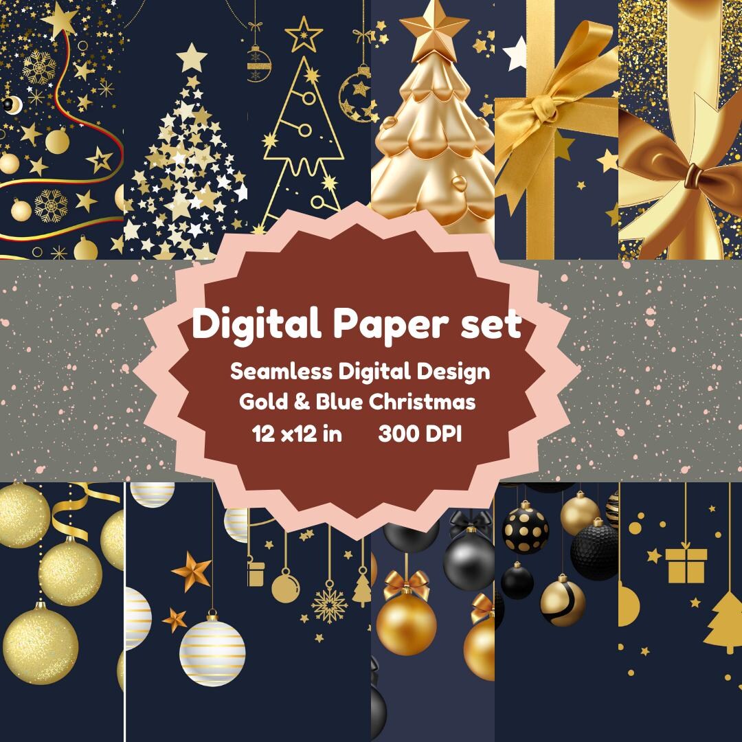 Gold and Blue Christmas Digital Paper Pack Festive Holiday Backgrounds ...