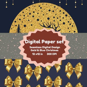 Gold and Blue Christmas Digital Paper Pack Festive Holiday Backgrounds ...