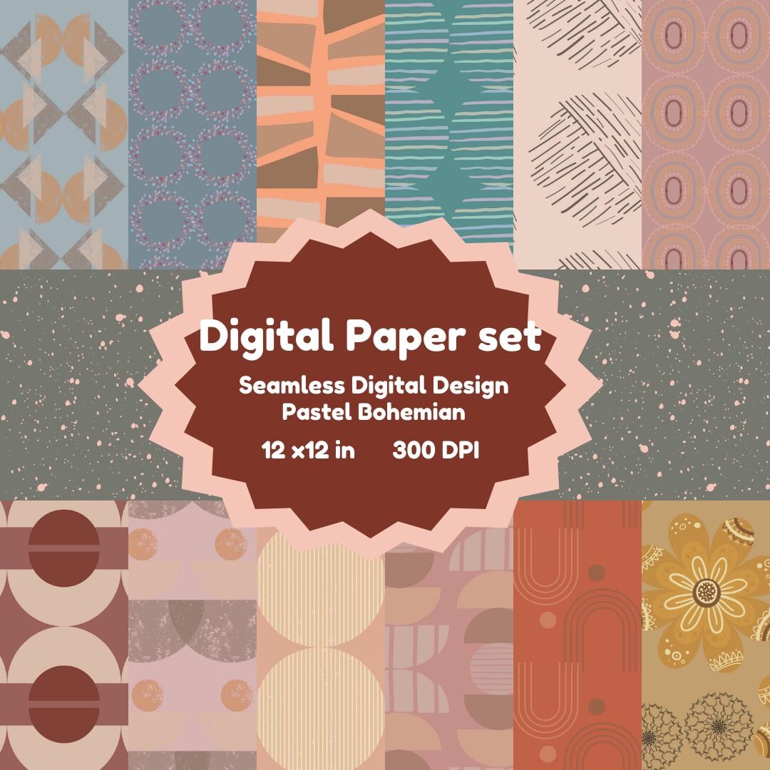 Soft Boho Digital Paper Pack | Pastel Bohemian Backgrounds | Vintage ...