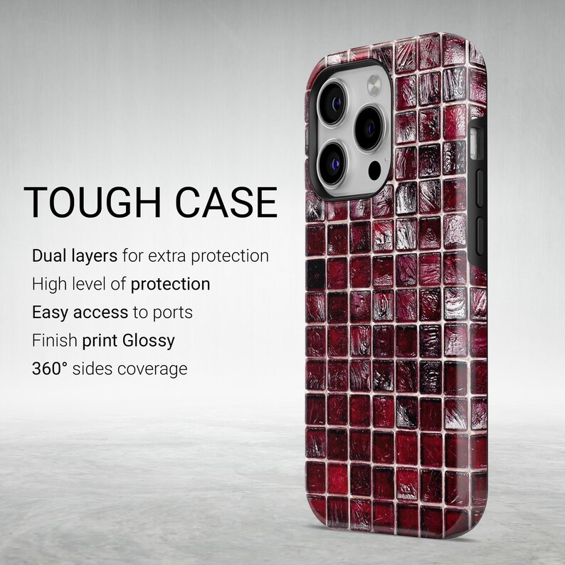 Red Mosaic Print Magsafe Phone Case: Burgundy Checkerboard Tough Cover ...