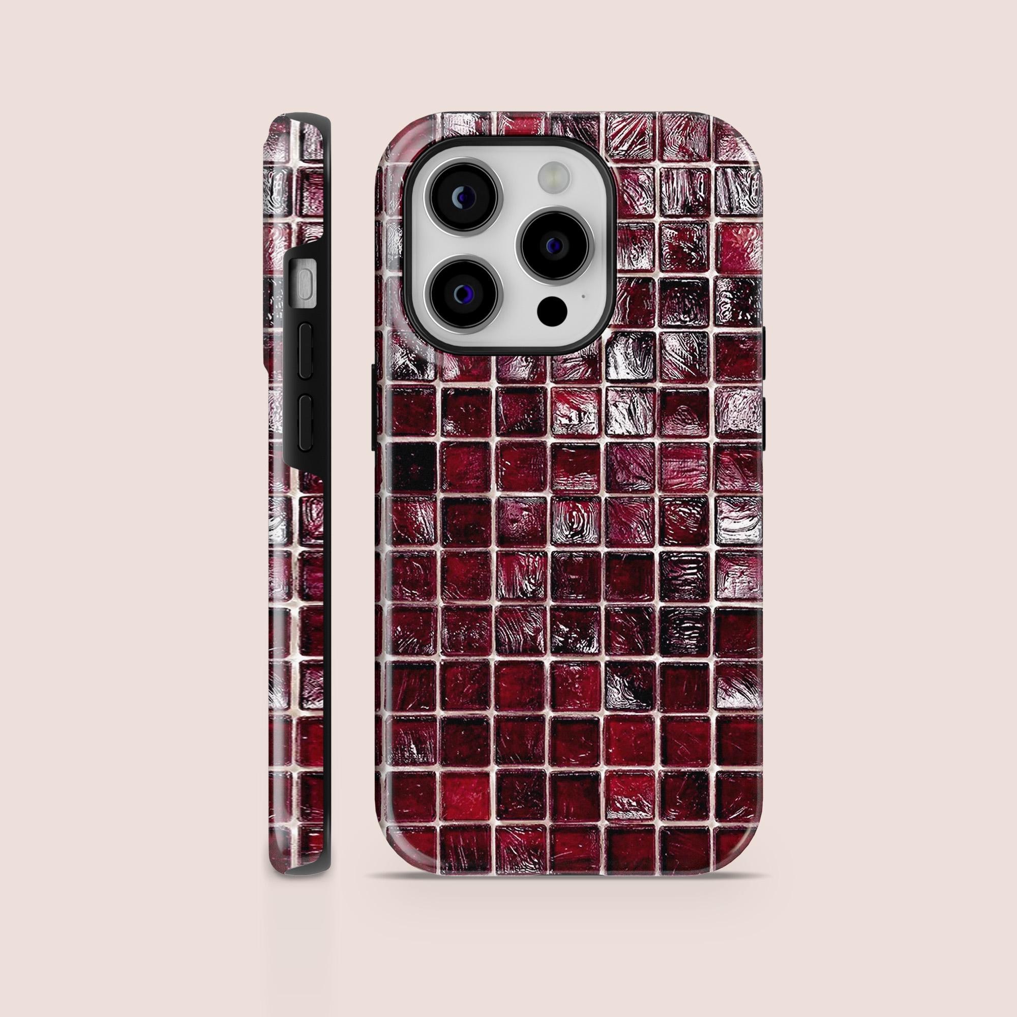 Red Mosaic Print Magsafe Phone Case: Burgundy Checkerboard Tough Cover ...