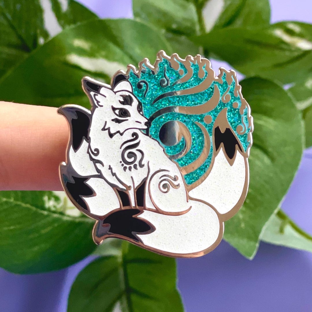Foxfire Kitsune Fox Hard Enamel Pin | Glittery 4-tailed Japanese ...