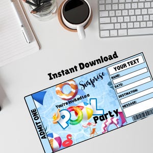 Pool Party Ticket Template, Surprise Reveal, Surprise Gift Ticket, Pool ...