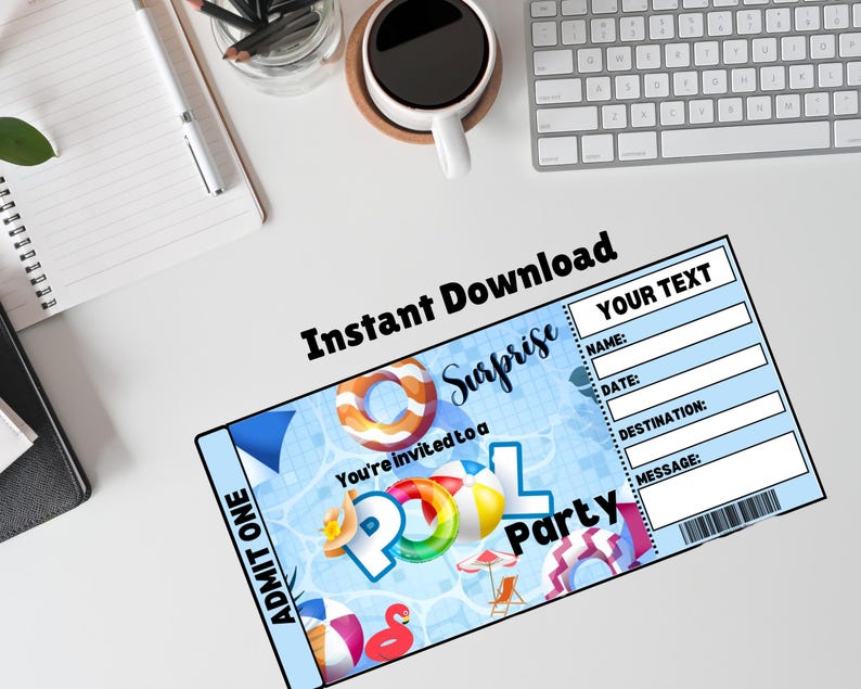 Pool Party Ticket Template, Surprise Reveal, Surprise Gift Ticket, Pool ...
