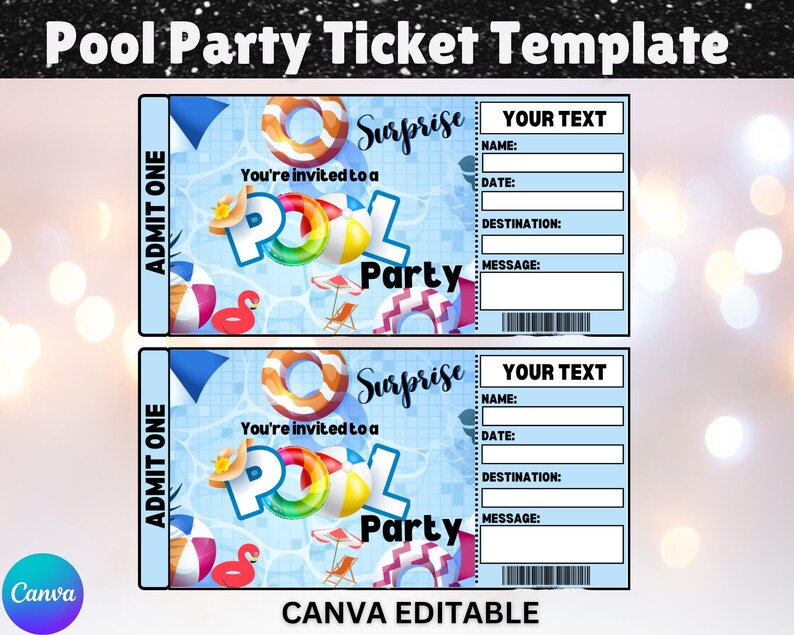 Pool Party Ticket Template, Surprise Reveal, Surprise Gift Ticket, Pool ...