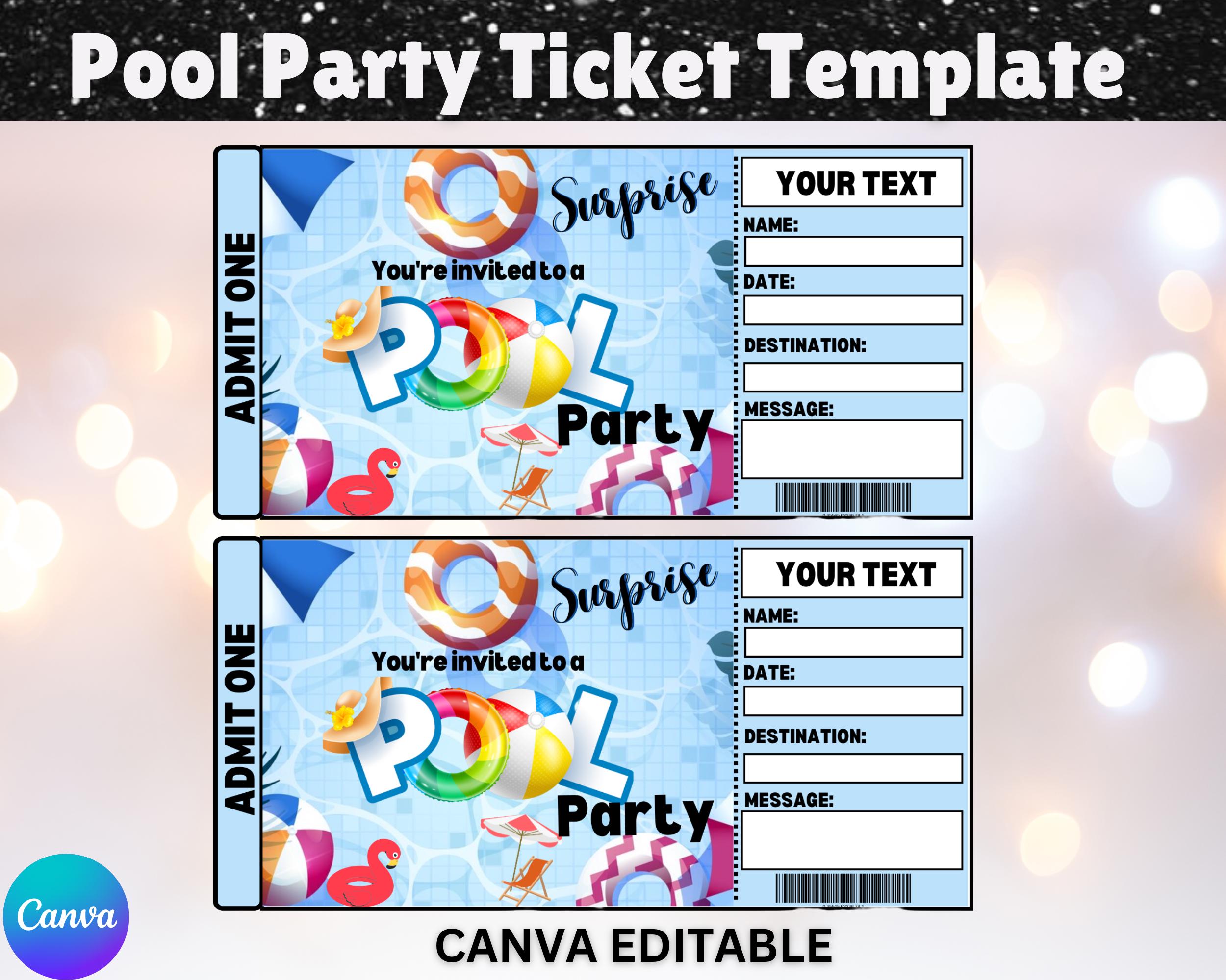 Pool Party Ticket Template, Surprise Reveal, Surprise Gift Ticket, Pool ...