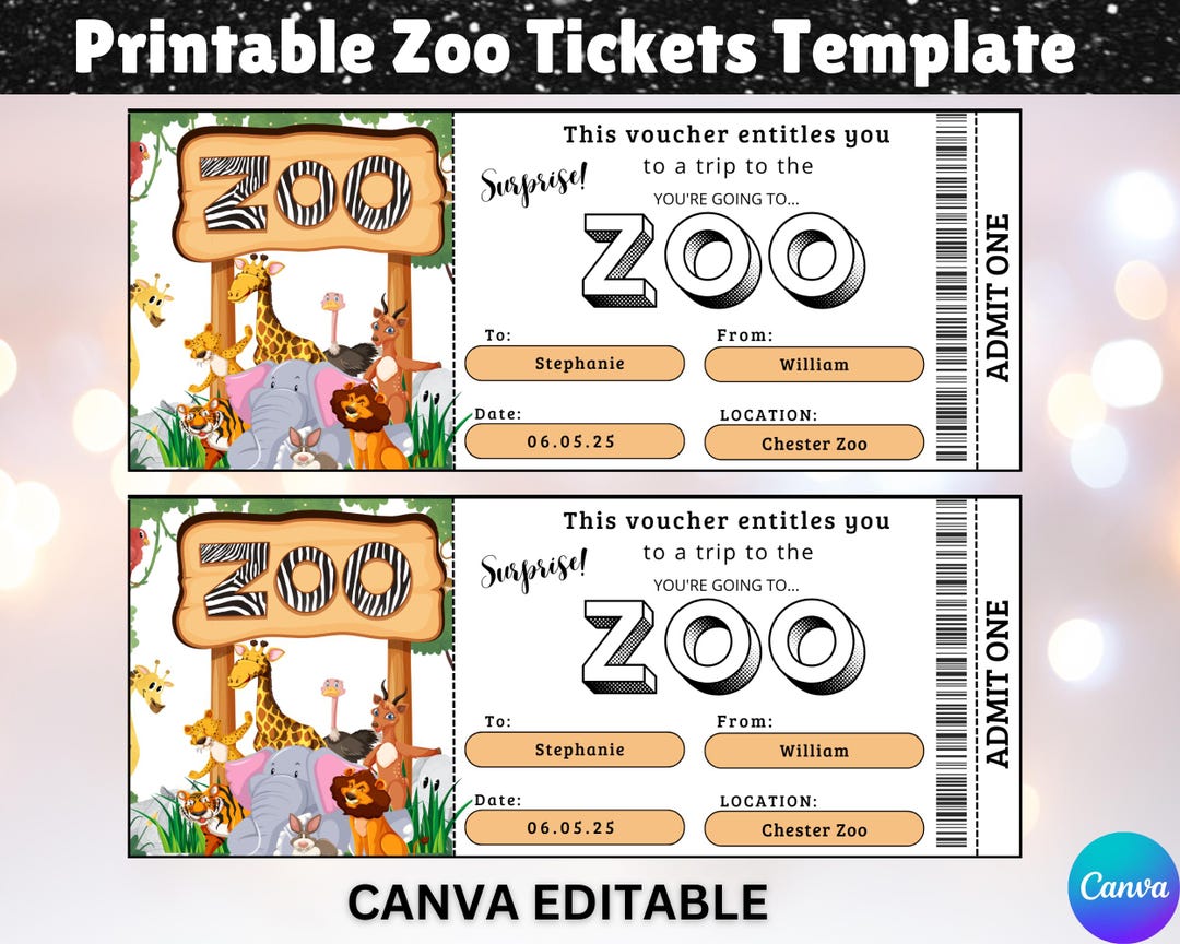 Printable Zoo Tickets Template, Animal Lover Gift, Gift Voucher, Kids ...