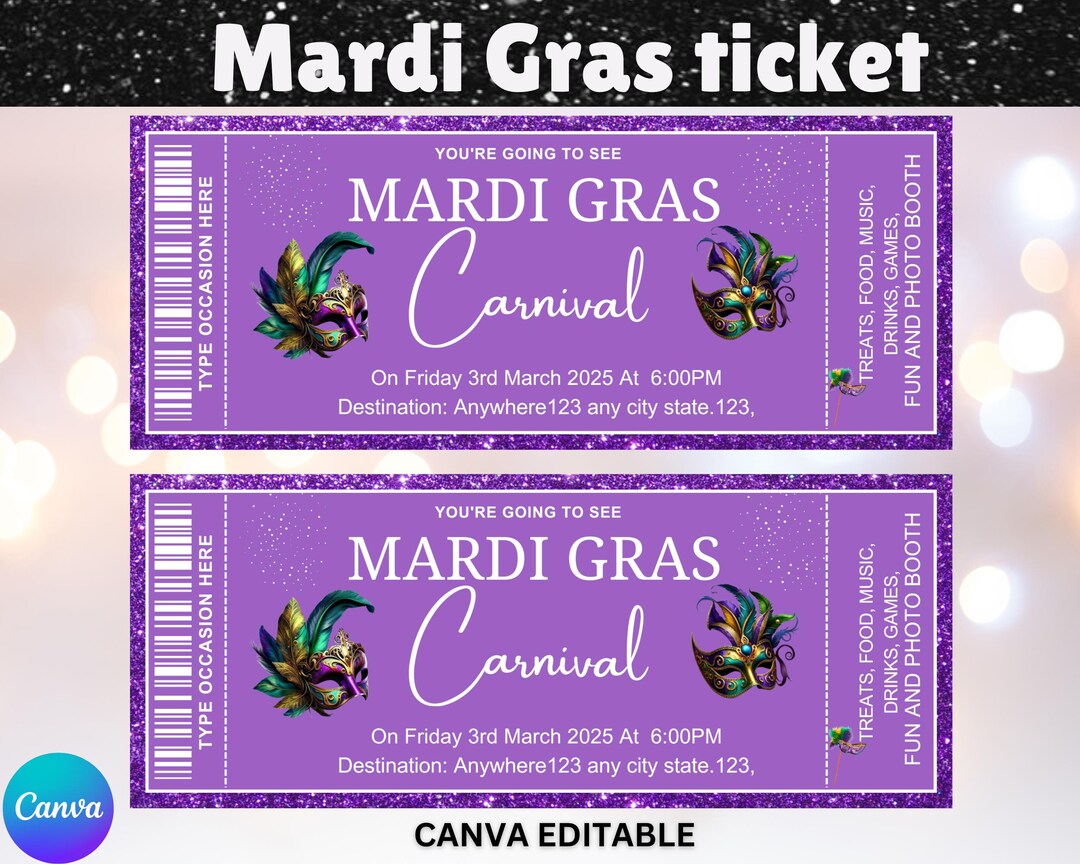 Mardi Gras Ticket, Mardi Gras Class Party Invite, Masquerade Theme ...