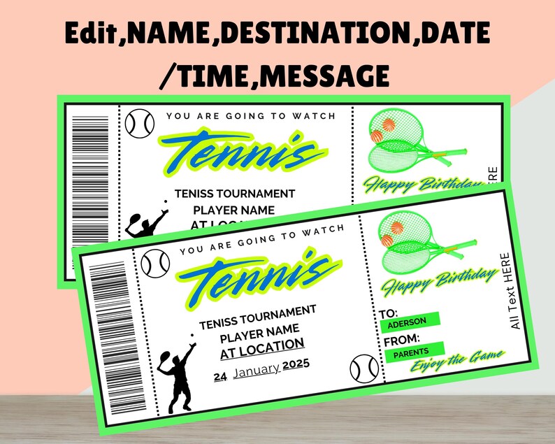 Printable Tennis Birthday Ticket Template: Surprise Gift (instant ...