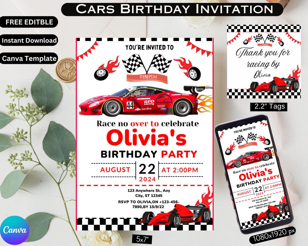 Editable Race Car Birthday Invitation: Canva Template (instant Download ...