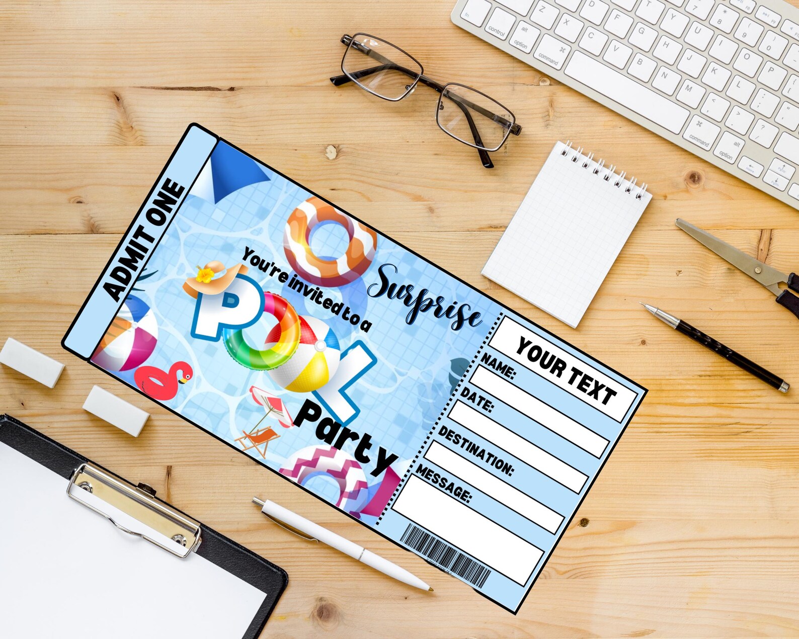 Pool Party Ticket Template, Surprise Reveal, Surprise Gift Ticket, Pool ...